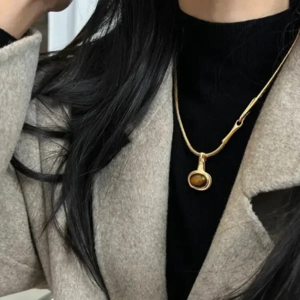 Natural Tiger’s Eye Pendant Necklace – Gold-Tone Round Gemstone Snake ...